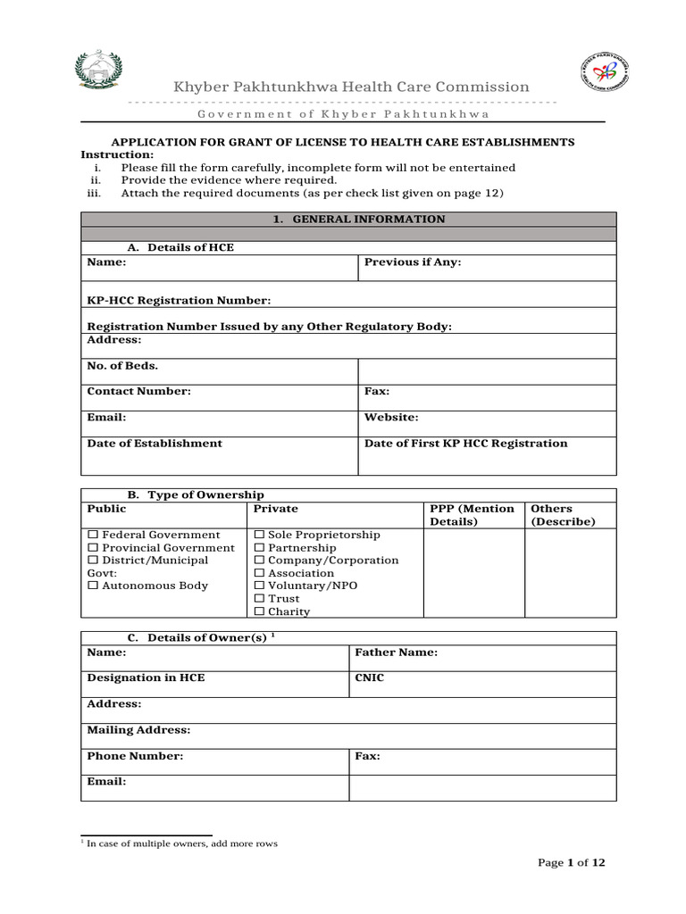 Application For Grant of License To Health Care Establishments | PDF