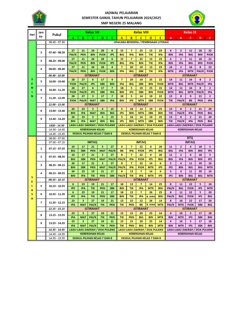 Jadwal Pelajaran Ganjil Edisi Revisi September 2024 | PDF