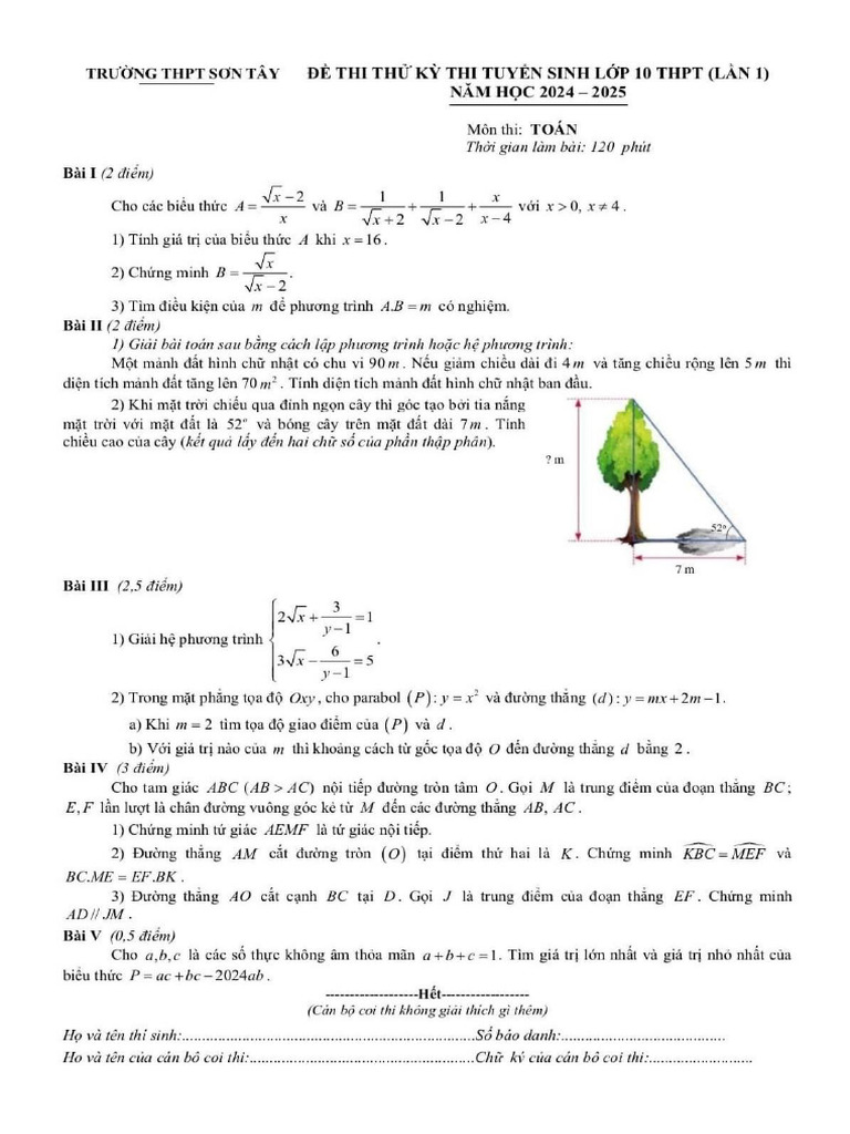 De Thi Thu Toan Vao Lop 10 Lan 1 Nam 2024 2025 Truong THPT Son Tay Ha Noi | PDF