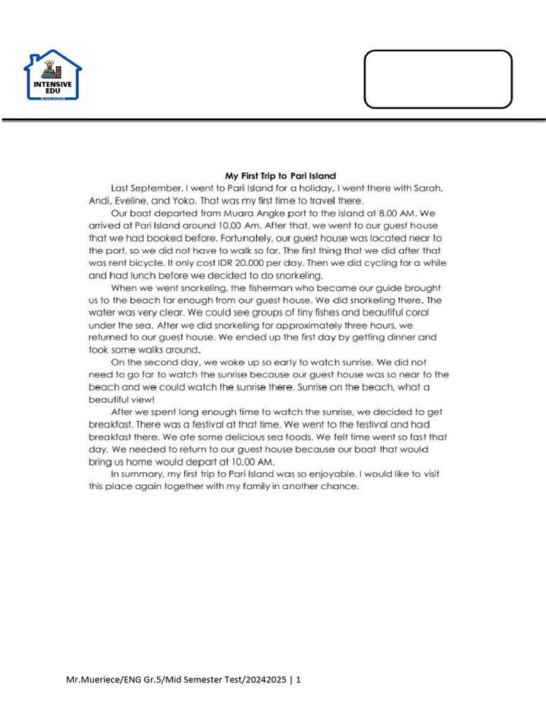 Grade 5 English Mid Test 20242025 | PDF