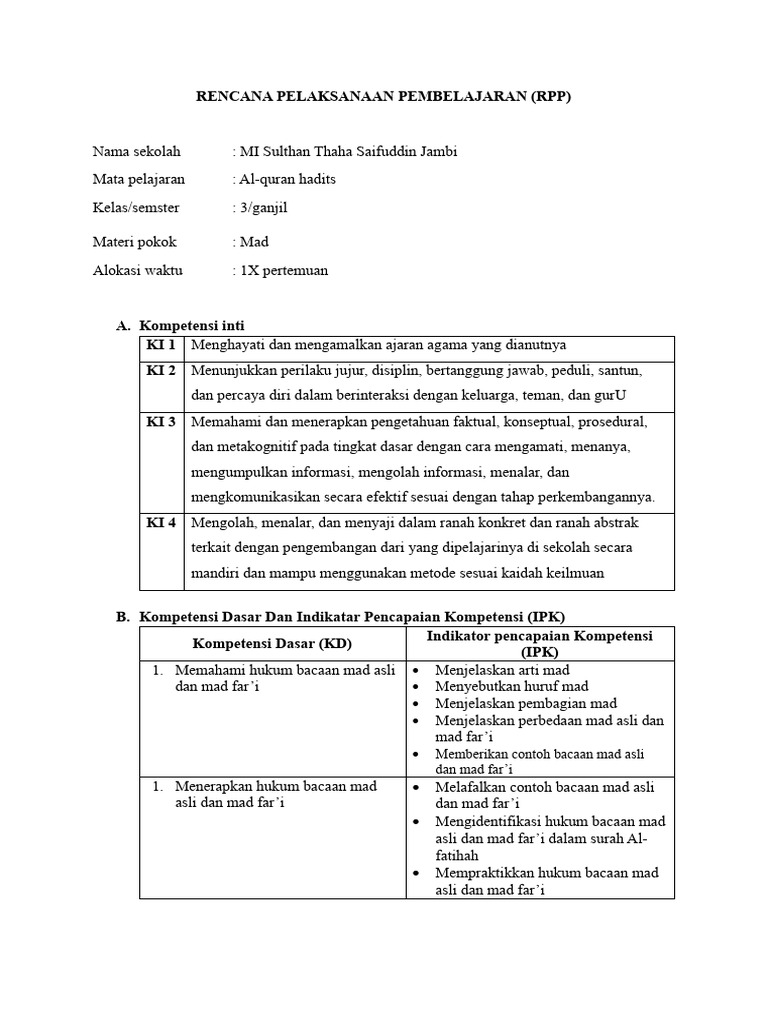 Rencana Pelaksanaan Pembelajaran (RPP) : Memberikan Contoh Bacaan Mad Asli Dan Mad Far'i | PDF