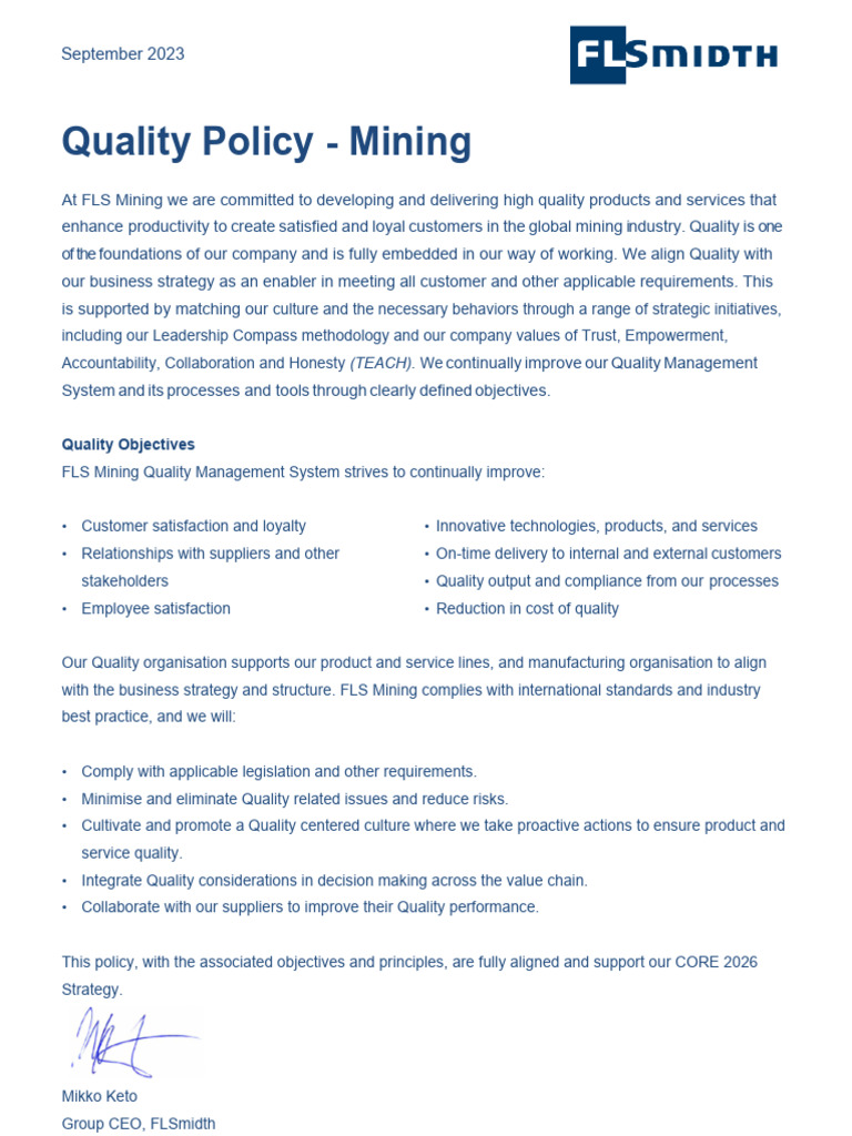 Quality Policy - Flsmidth | PDF