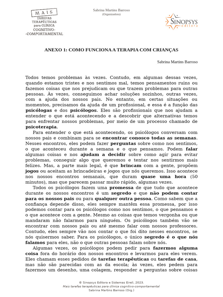 Livro Mais Tarefas Terapeuticas - Sinopsys Editora - ANEXOS | PDF