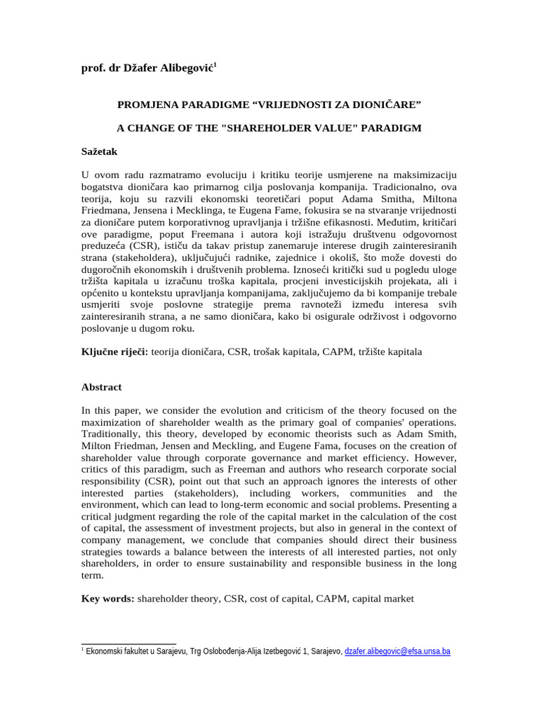 Promjena Paradigme Vrijednost Za Dionicare | PDF