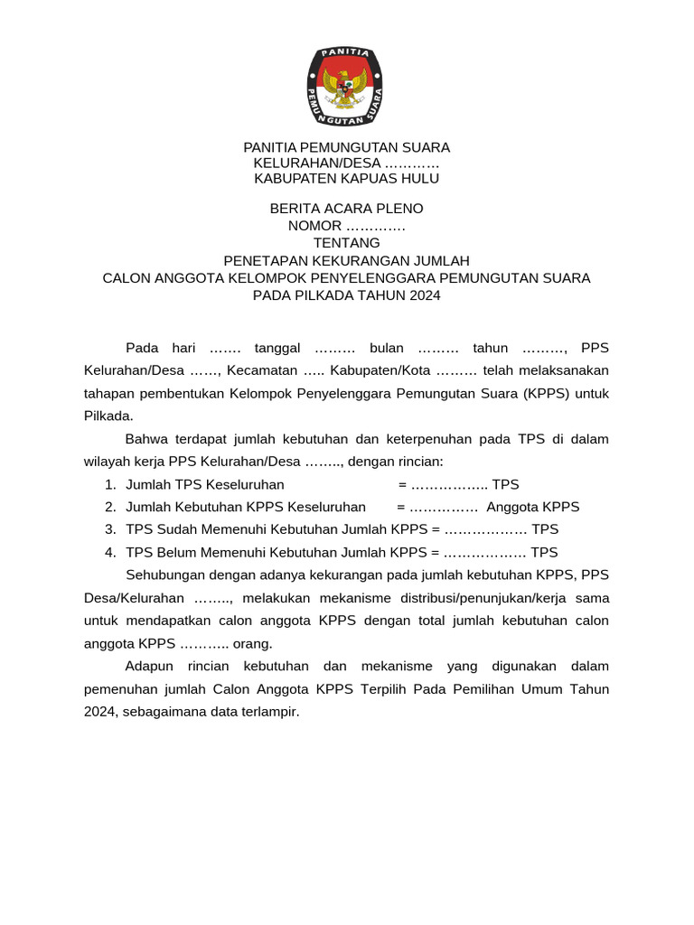 1 Berita Acara Pps Penetapan Kekurangan Kpps | PDF
