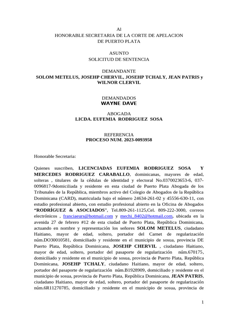 SOLICITUD DE Sentencia SOLOM METELUS, JOSEHP CHERVIL, JOSEHP TCHALY ...