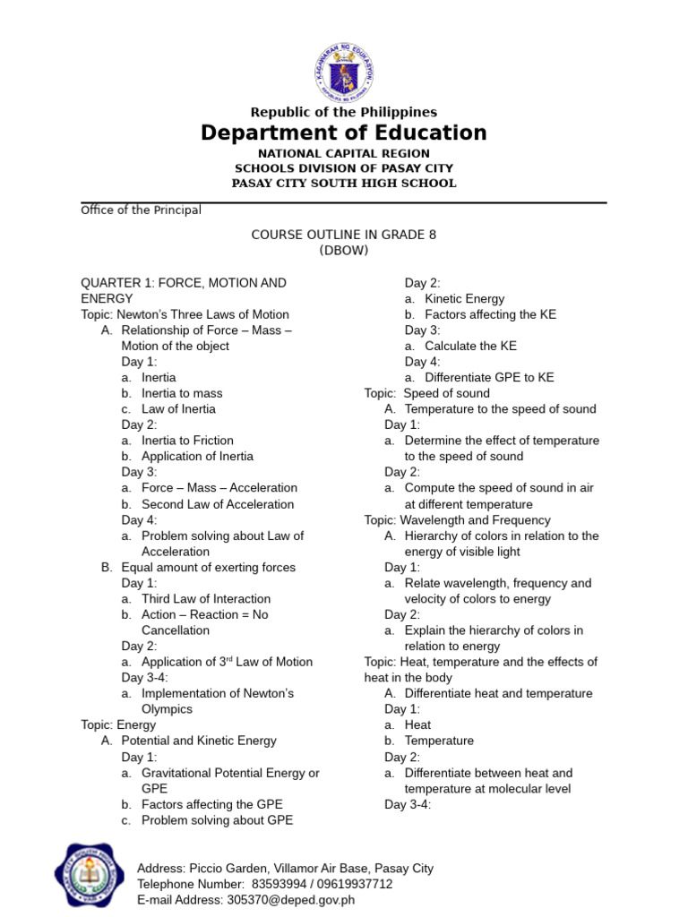Course Outline in Grade 8 | PDF