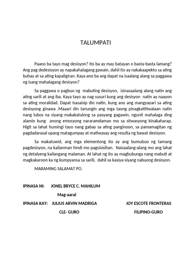 Filipino TALUMPATI | PDF | Self-Improvement