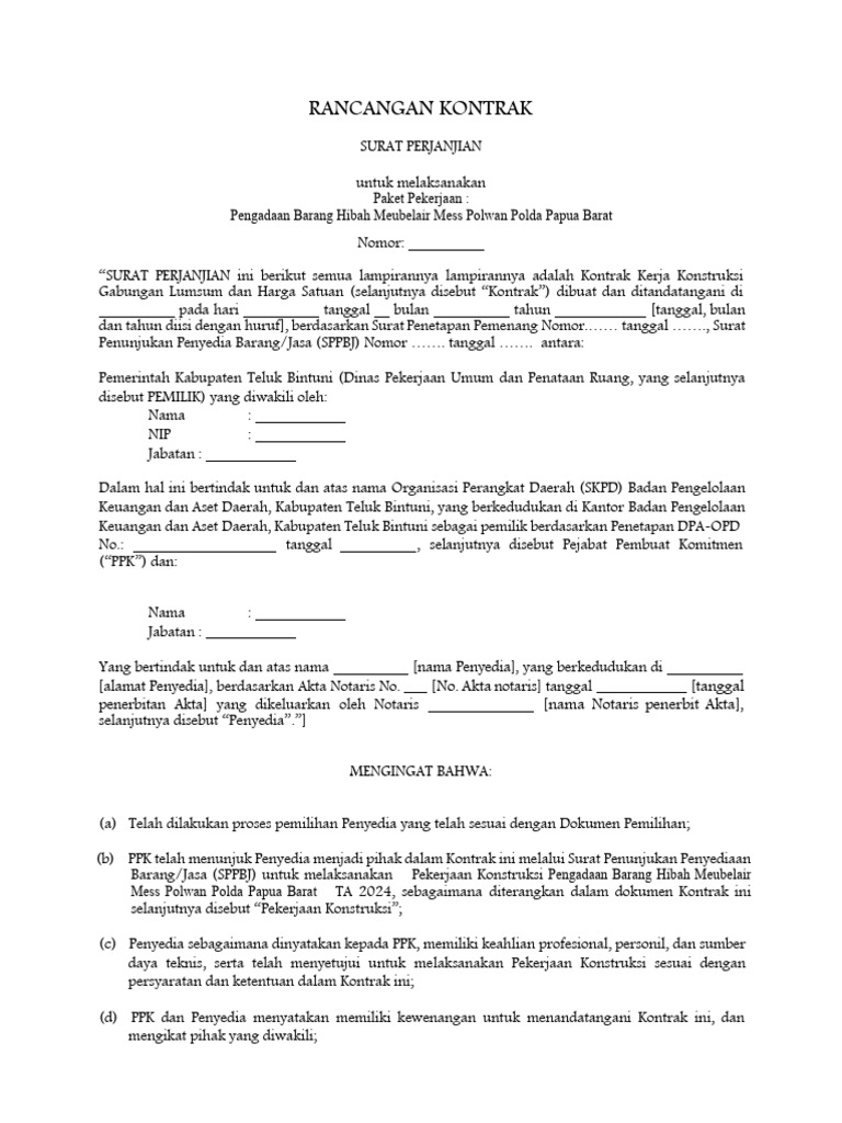 2.DRAFT Dokumen Surat Perjanjian Kontrak TA 2024 Meubeler Mess Polda | PDF