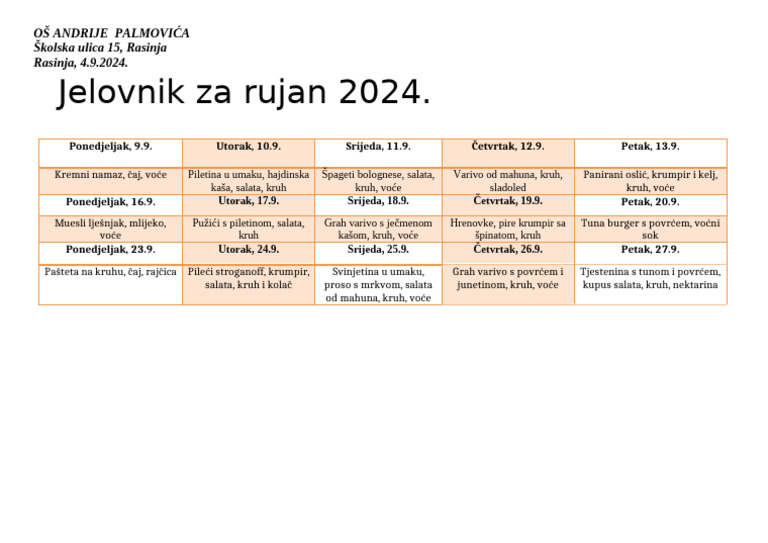 Jelovnik Rujan 2024. | PDF