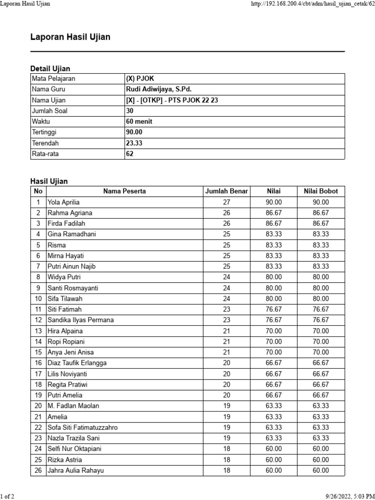 PTS Pjok X Otkp | PDF