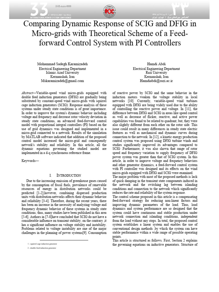 Comparing Dynamic Response of SCIG and DFIG in Micro-grids with Theoretical Scheme of a ...