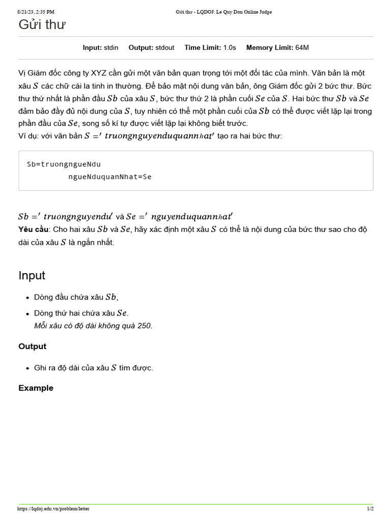Gửi Thư - LQDOJ - Le Quy Don Online Judge | PDF