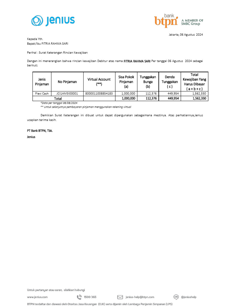 Surat Keterangan Rincian Nasabah Jenius - FITRIA RAHMA SARI | PDF