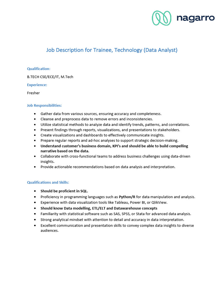 JD - Data Analyst-1 | PDF