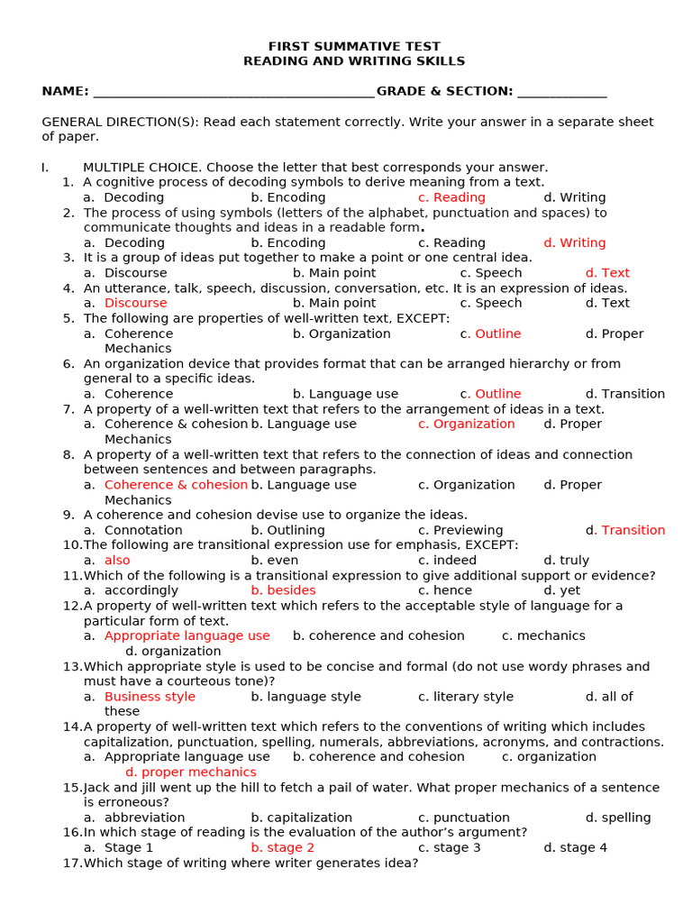 R W Summative Tests | PDF
