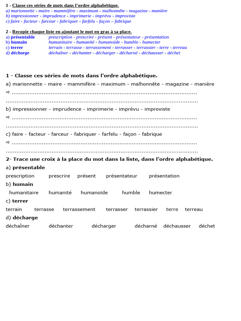 A IMPRIMER Exercices cahier du jour ordre alphabétique CM2 | PDF