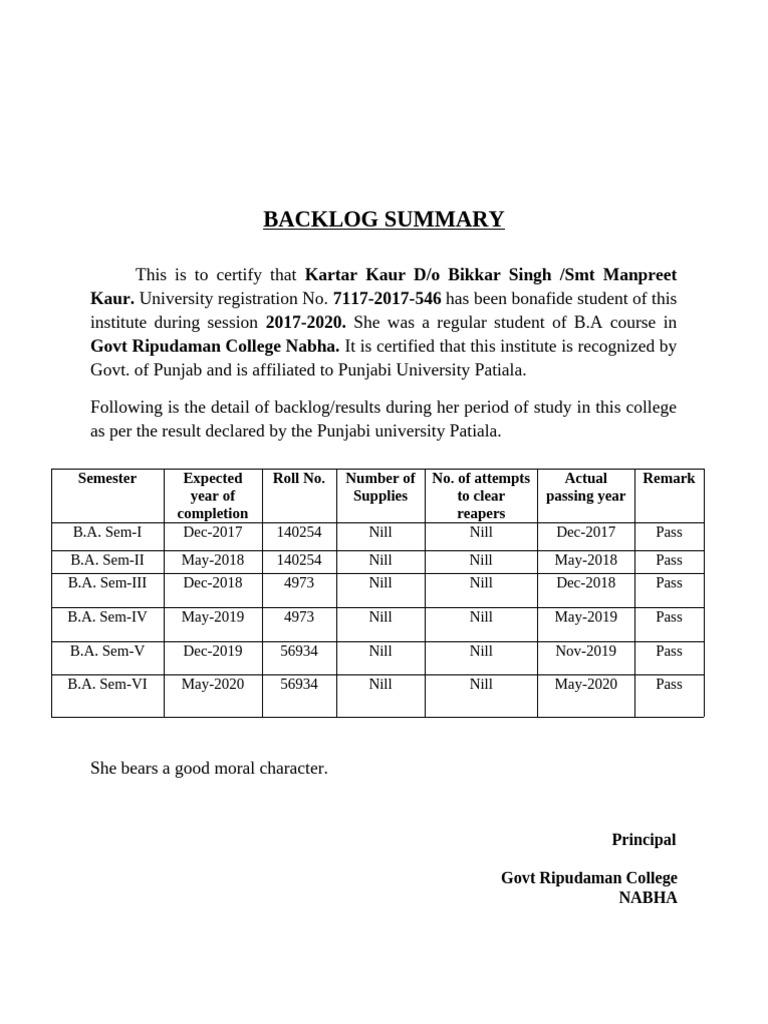 Kartar Kaur Backlog Certificate | PDF Kartar Kaur Backlog Certificate | PDF