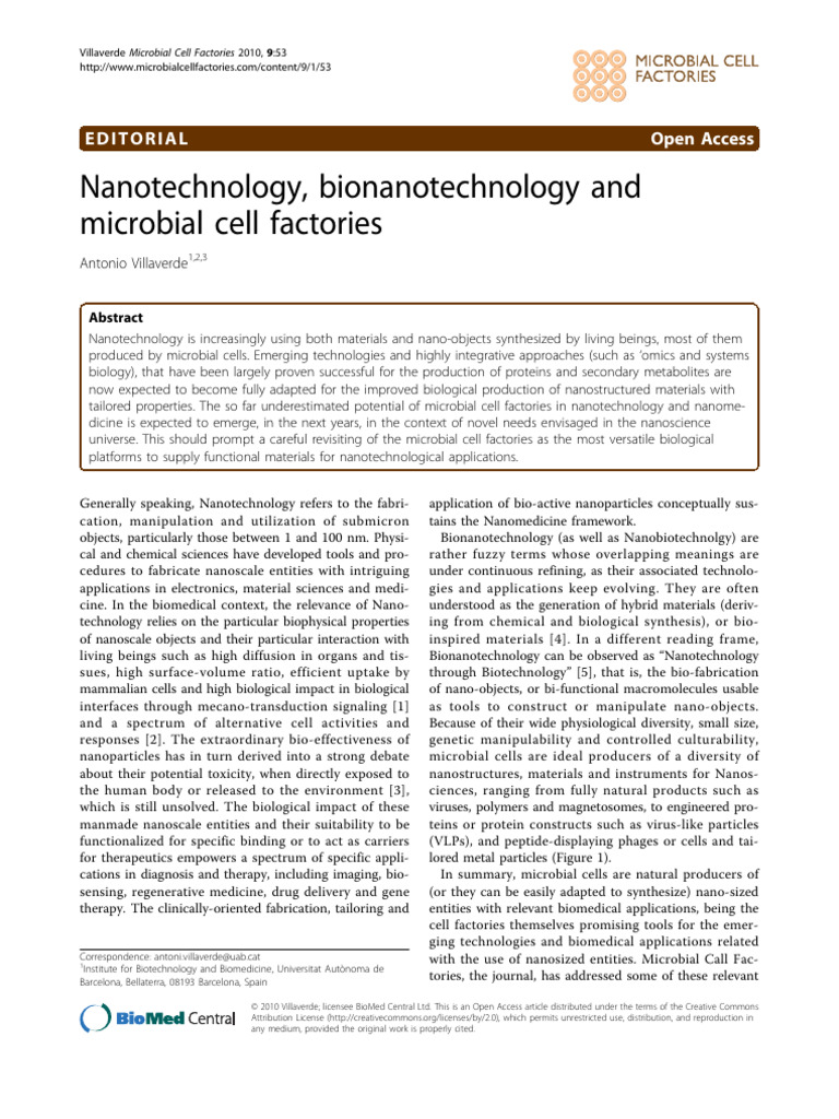 Nanotechnology, Bionanotechnology and Microbial Cell Factories | PDF