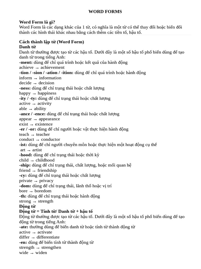 Hướng Dẫn Word Forms Tiếng Anh | PDF | Second Language Acquisition ...