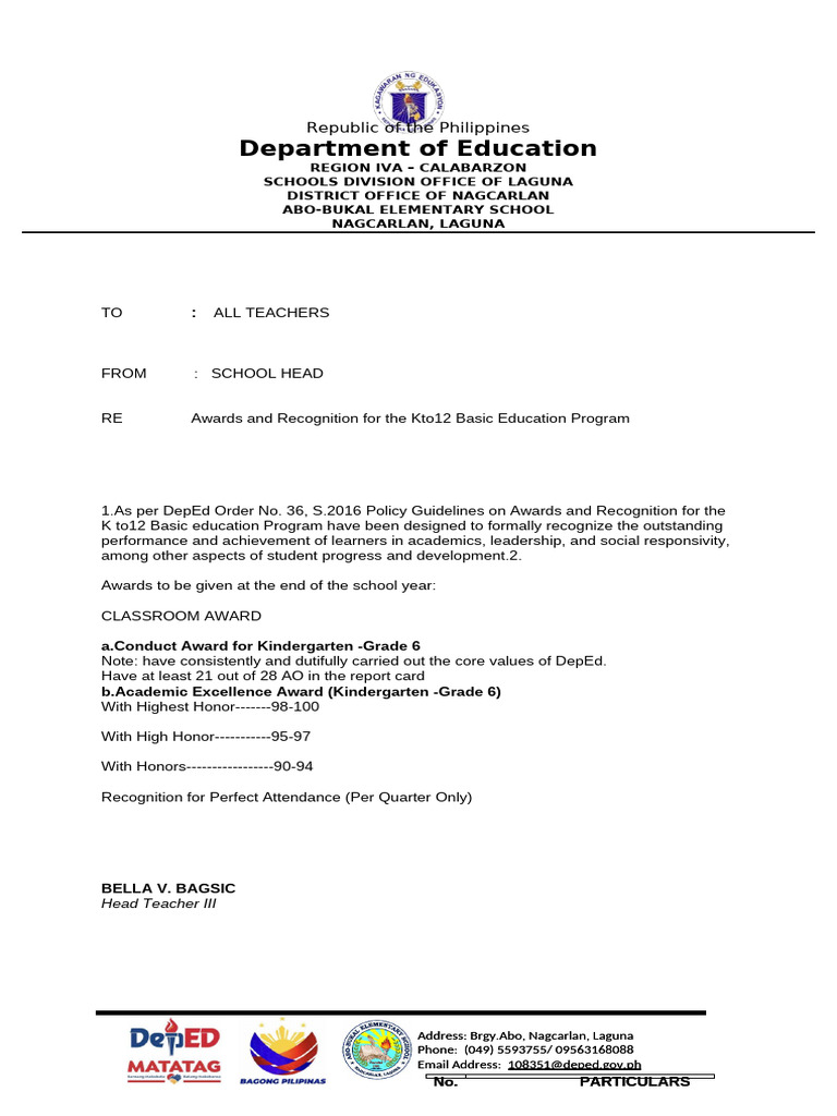 School Memo Giving Awards Pdf