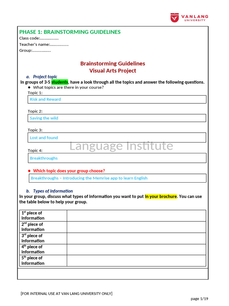 Anh Văn 2 - Sample PBA Manual - PHASE 1 - Brainstorming Guidelines | PDF