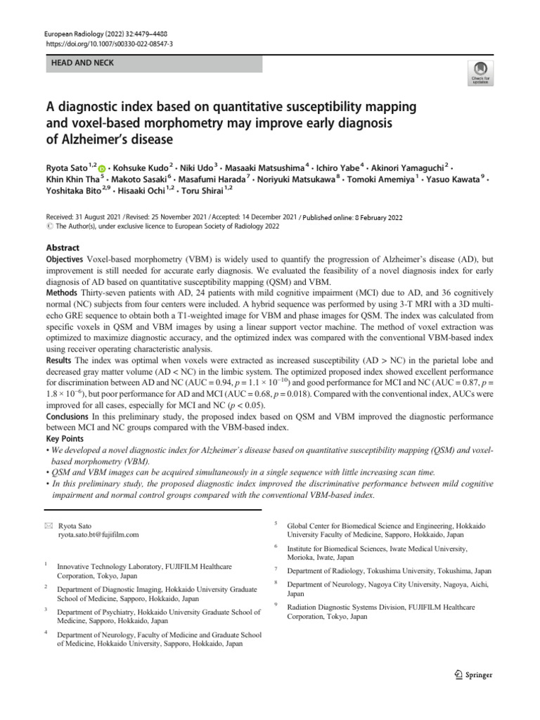 A Diagnostic Index Based On Quantitative Susceptibility Mapping and Voxel-Based Morphometry May ...