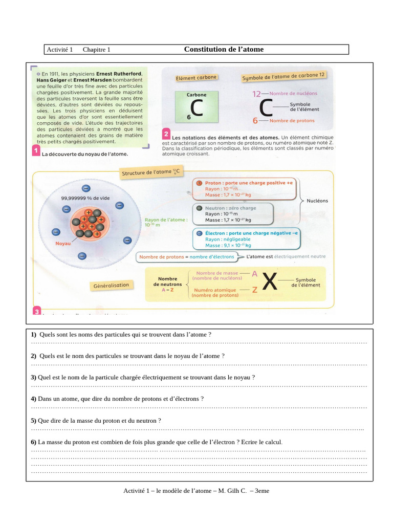 1 Activité 1constitution Et Historique de l' Atome Chapitre 1 ...