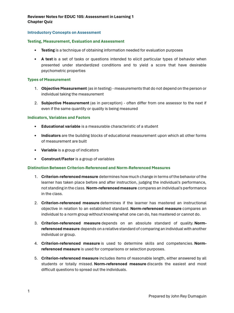 Chapter Quiz Notes For Easy Reviewing | PDF | Educational Assessment ...