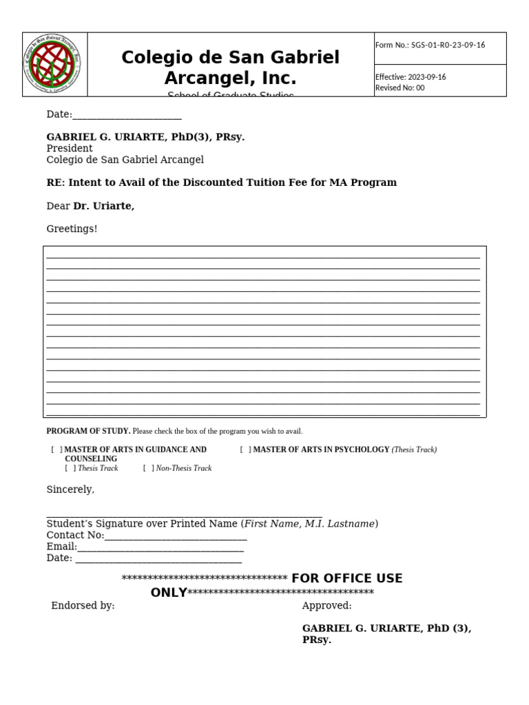 1 Intent To Avail of The Discounted Tuition Fee For MA Program | PDF