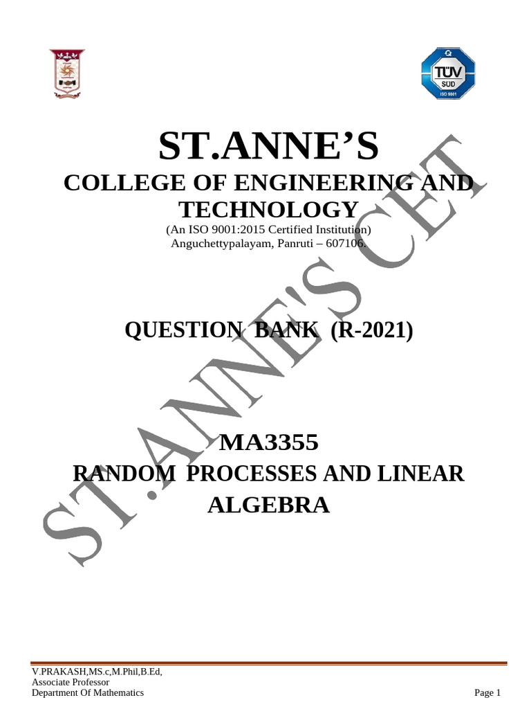 Ma3355-Random Processes and Linear Algebra-739353433-Ece-ma3355 (Rpla) Question Bank | PDF