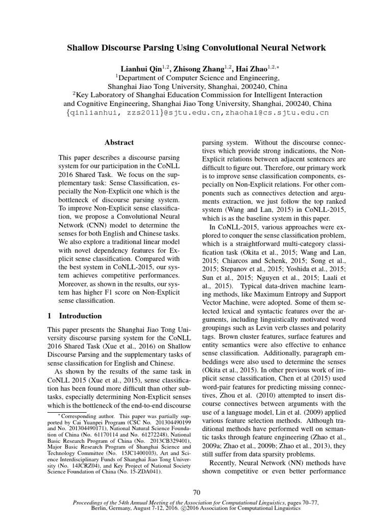 Shallow Discourse Parsing Using Convolutional Neural Network | PDF