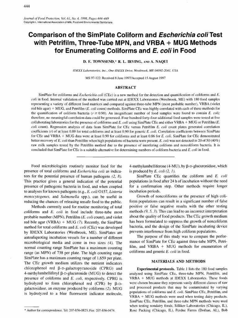 1998 - Comparison of The SimPlate Coliform and Escherichia Coli Test ...