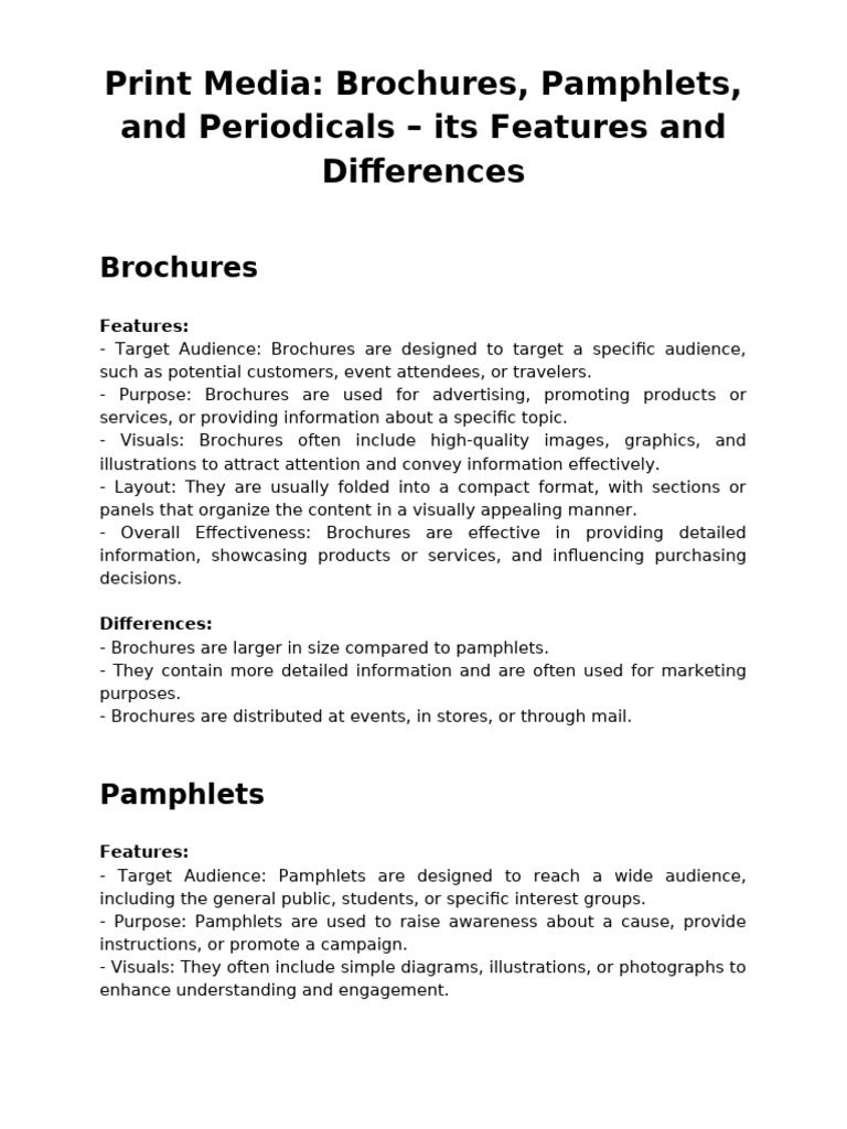 Brochures, Pamphlets, and Periodicals Explained | PDF | Target Audience | Mass Media