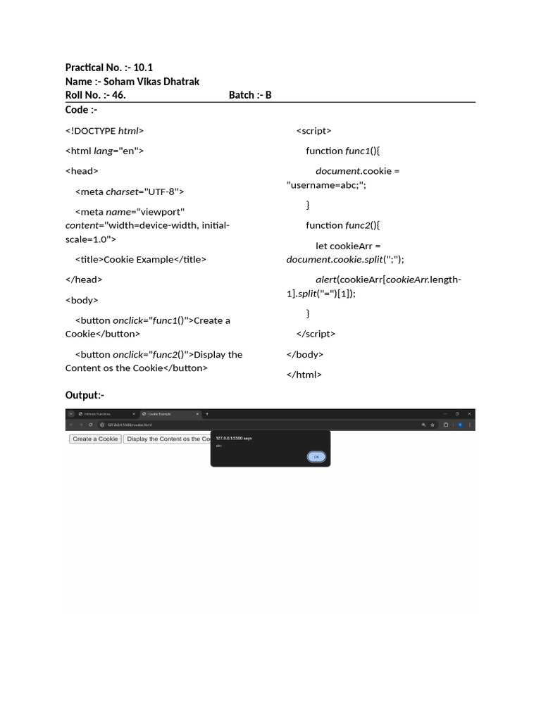 HTML Lang Func1 Document.: Practical No.:-10.1 Name: - Soham Vikas Dhatrak Roll No.: - 46. Batch ...