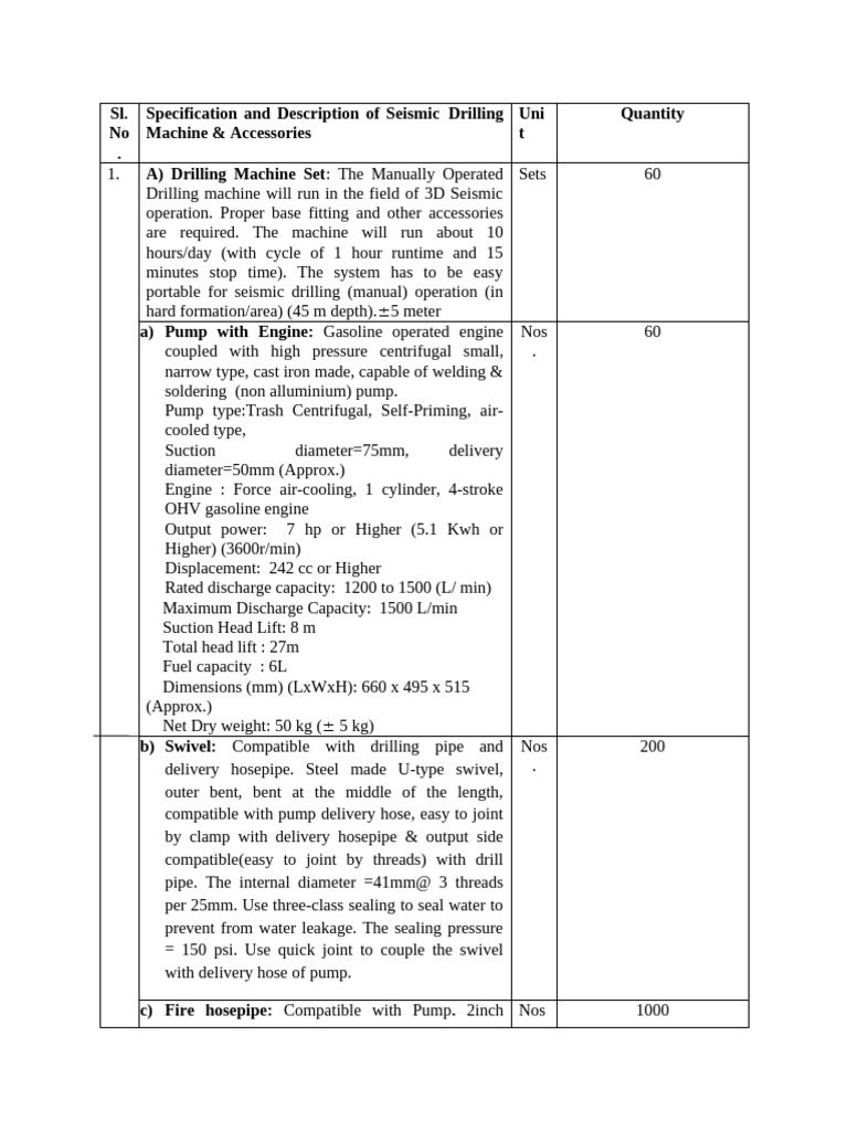 Sl. No - Specification and Description of Seismic Drilling Machine ...