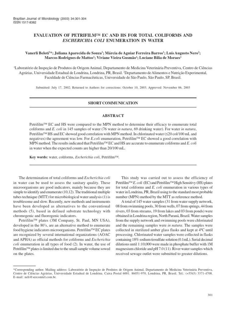 2003 - Evaluation of Petrifilm™ EC and HS For Total Coliforms and Escherichia Coli Enumeration ...