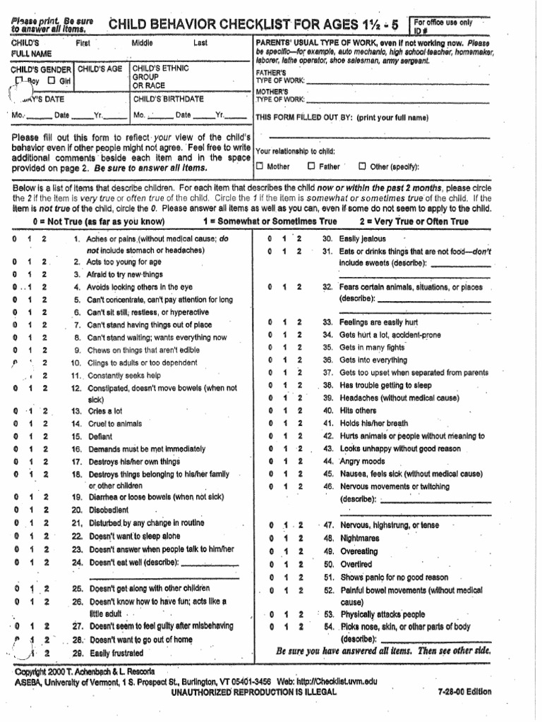Child Behavior Checklist for Ages 1 5 5 | PDF