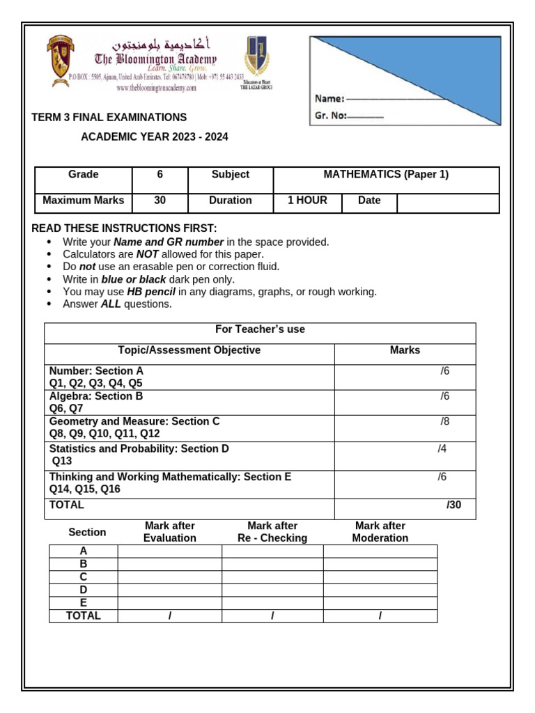 QP - Maths - GR 6 Paper 1 - EOT Exam - T3 | PDF