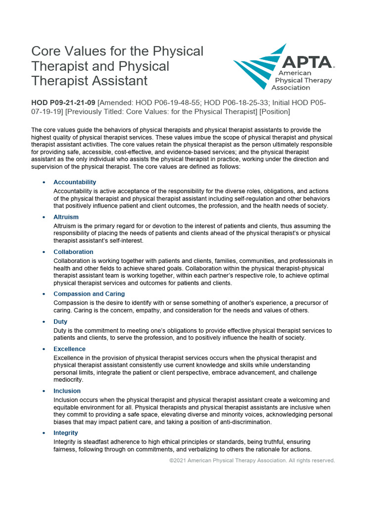 5 Core Values for the Physical Therapist and Physical Therapist ...