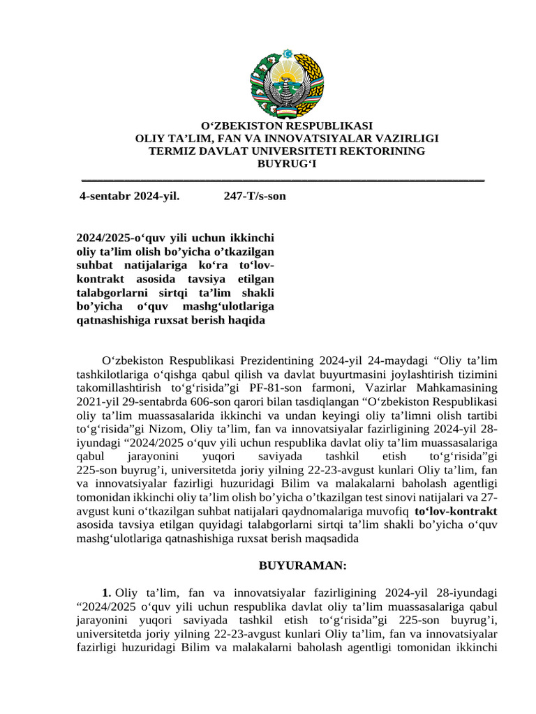 247-T Sirtqi Ikkinchi Oliy Ta' Lim | PDF