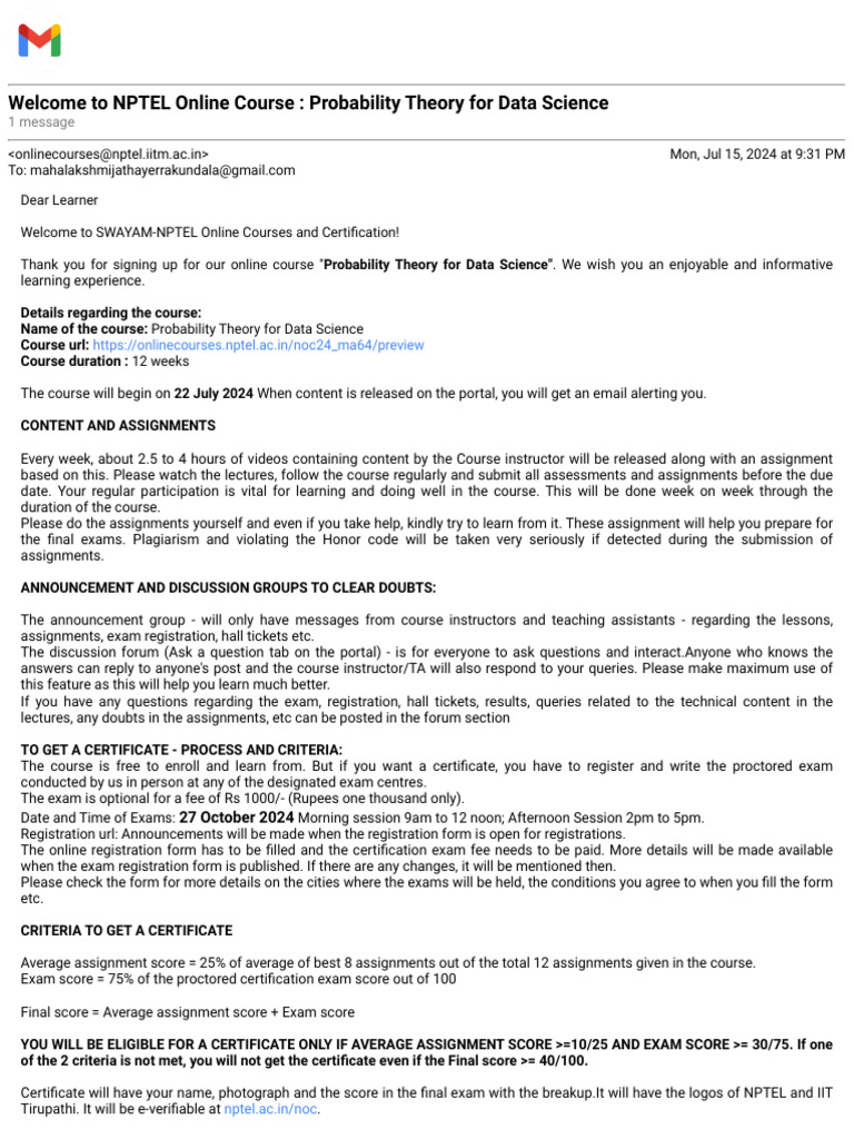 Gmail Welcome To Nptel Online Course Probability Theory For Data
