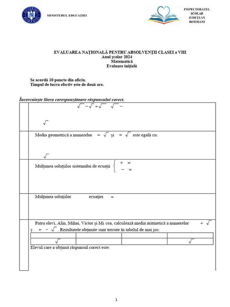 Mate-Var-1-Evaluare Initiala Clasa A VIII-A 24-25 Varianta1 Mate | PDF