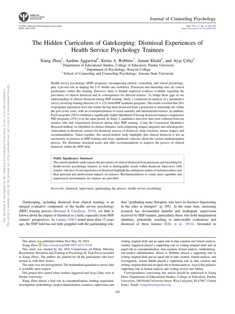 The Hidden Curriculum of Gatekeeping Dismissal Experiences of HSP Trainees | PDF