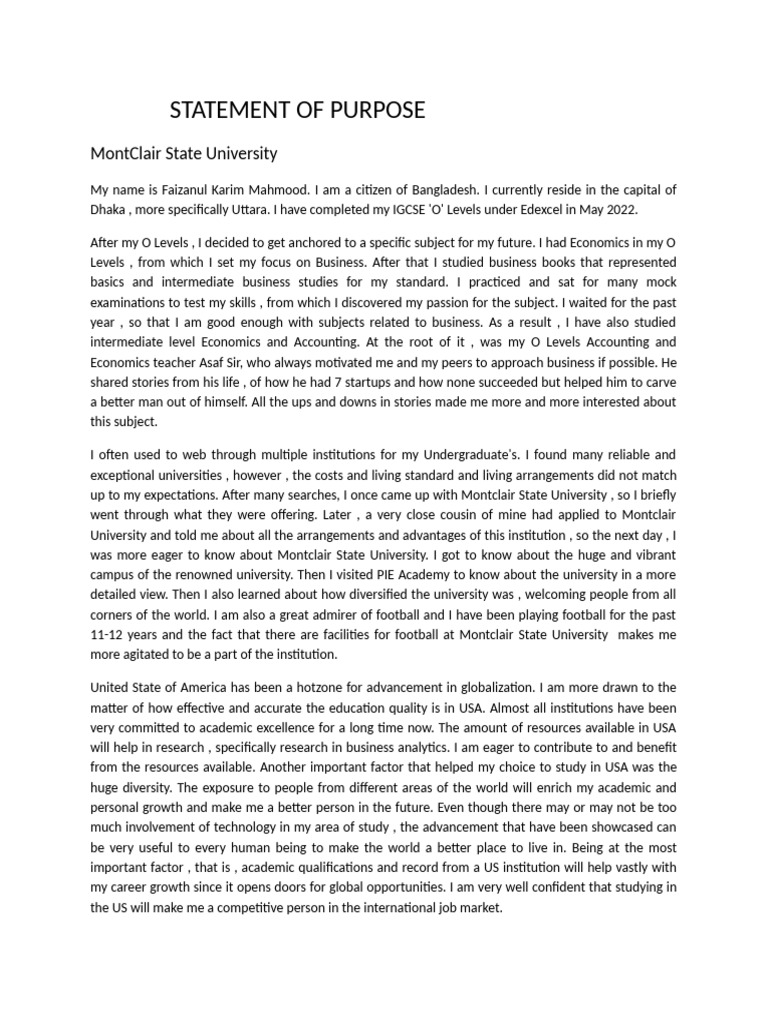 Statement of Purpose: Montclair State University | PDF
