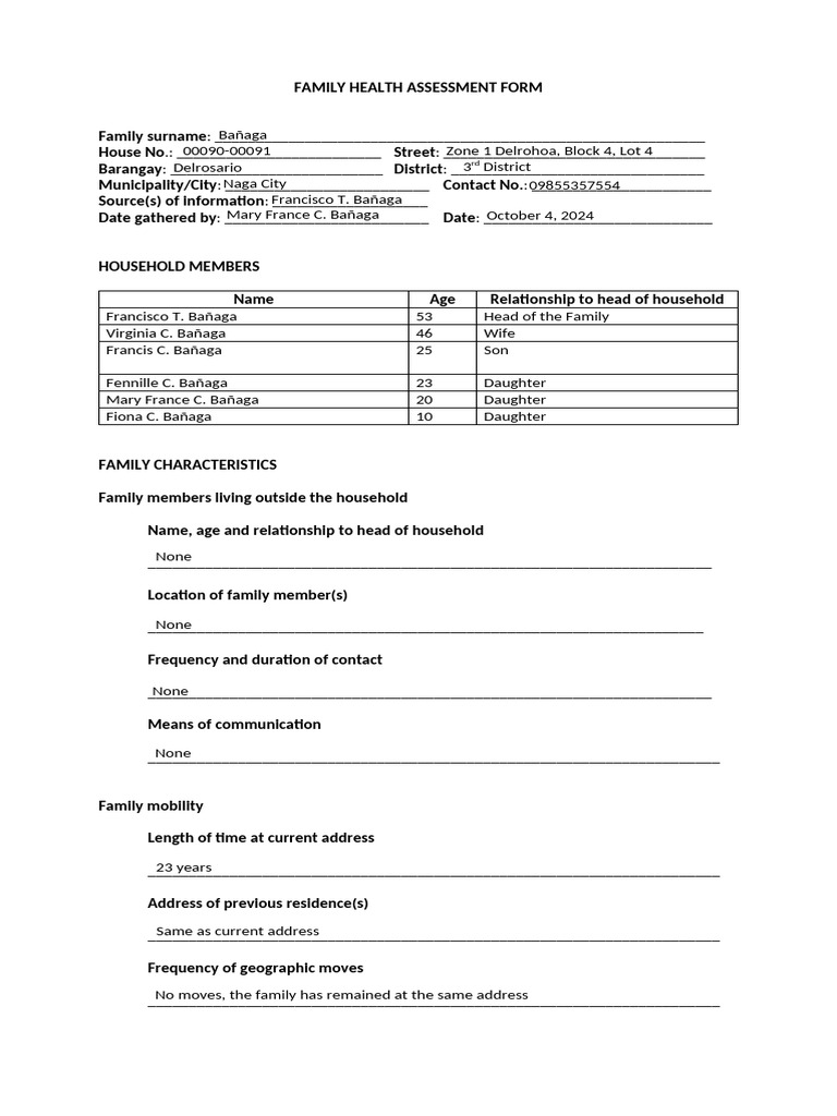 Family Health Assessment Form | PDF