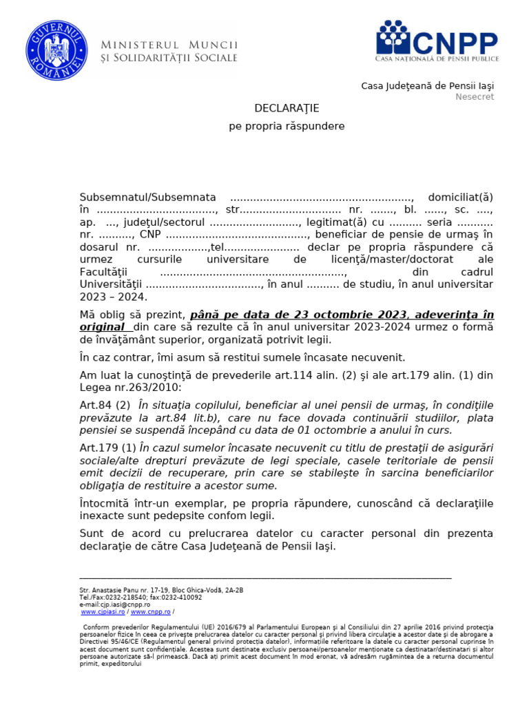 Declaratie Studenti 2023 | PDF