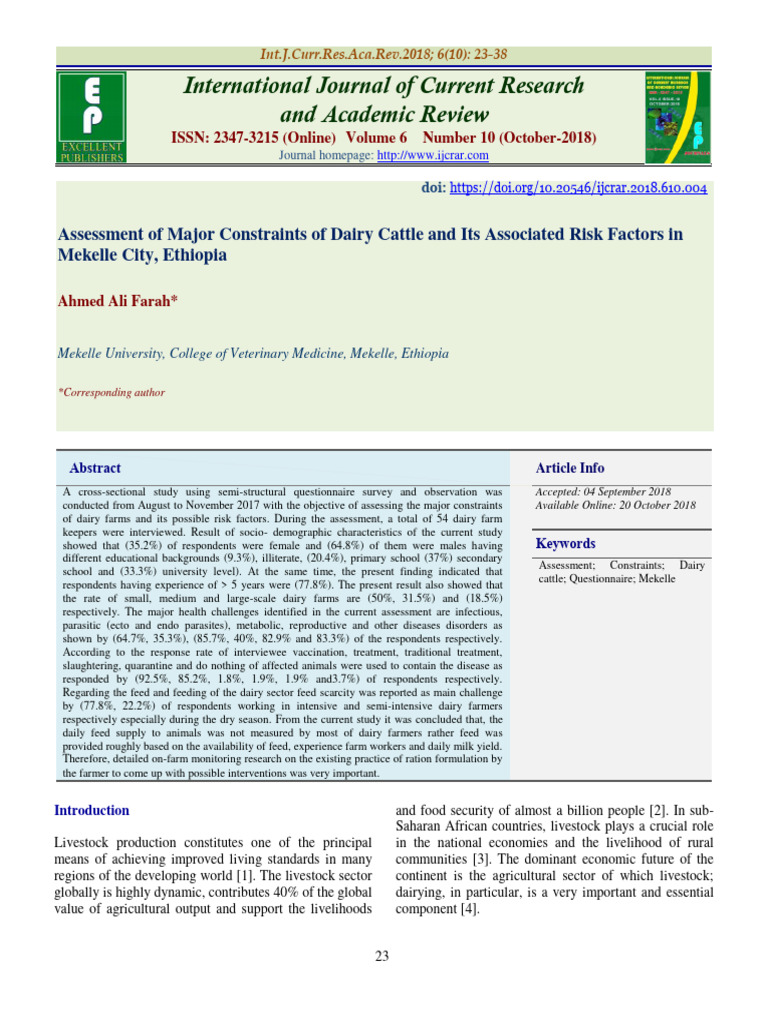 Assessment of Major Constraints of Dairy | PDF | Livestock | Cattle