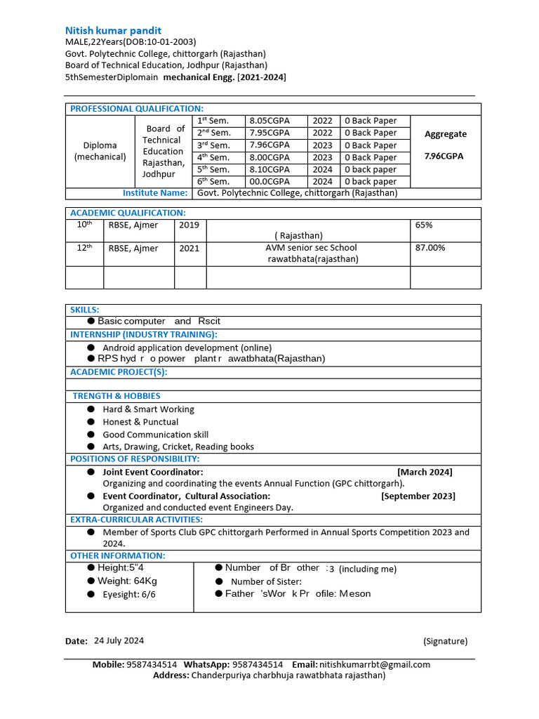 Nitish Resume Final | PDF | Career And Technical Education | Educational Stages