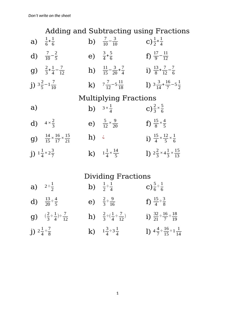 Year 8 - Fractions-Worksheet | PDF | Applied And Interdisciplinary ...